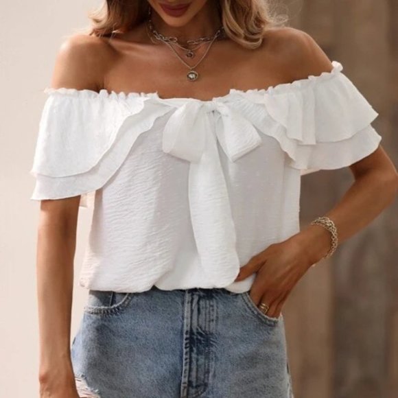 MODA ME COUTURE | Tops | White Swiss Dot Boho Off Shoulder Relaxed Fit ...